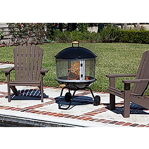 Fire Sense 01471 Fire Pit Bessemer Rolling Patio Fireplace Wooden Bonfire Porcelain Enamel Wood Burning with Wheels & Handle Grip for Outdoor Entertaining - Black & Silver - 28"