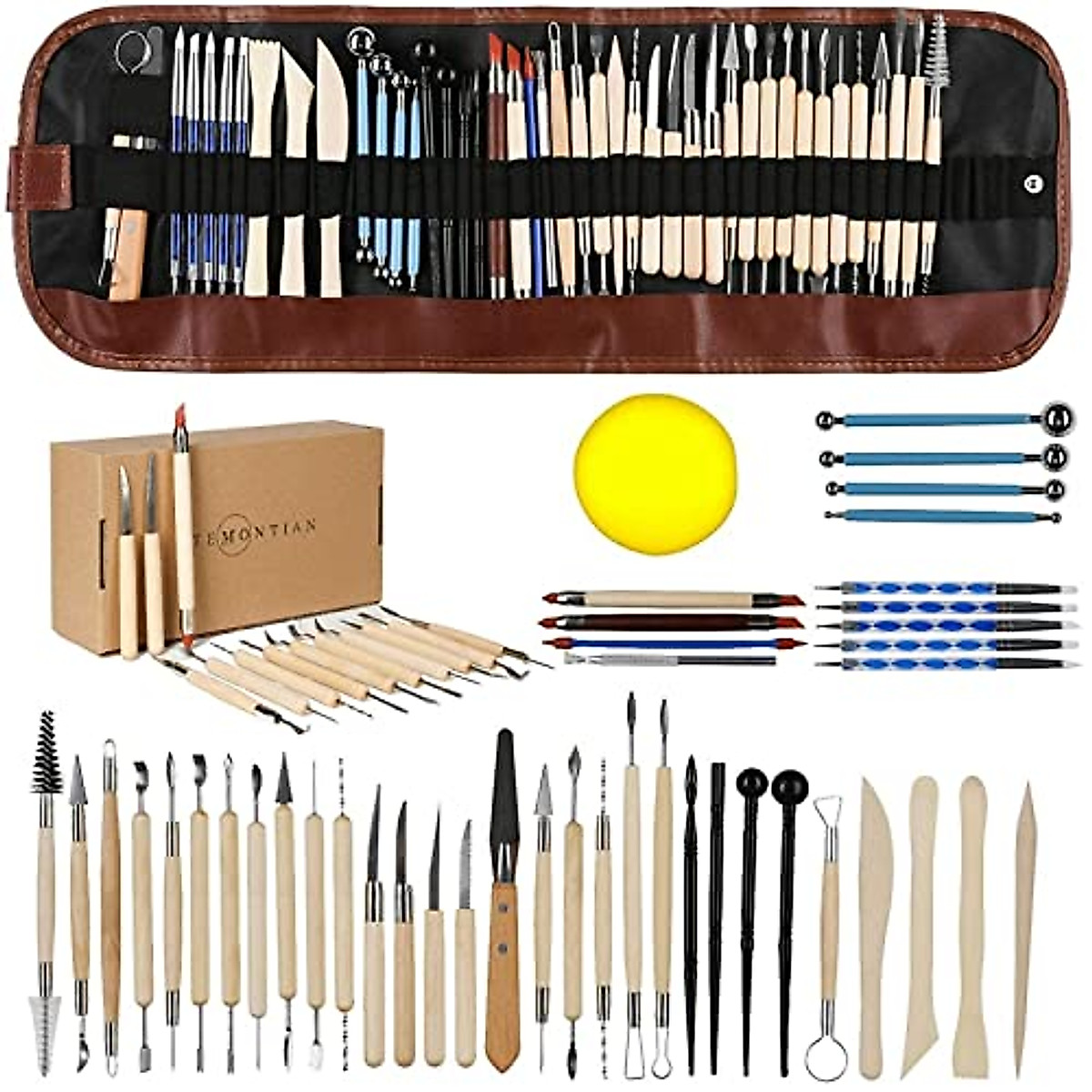 TEMONTIAN Pottery Clay Sculpting Tools，44Pcs Double Sided Polymer Clay Tools, Ceramic Clay Carving Tool Set with Carrying Case Bag for Beginners, Pottery Tools and Supplies for Professionals Kit