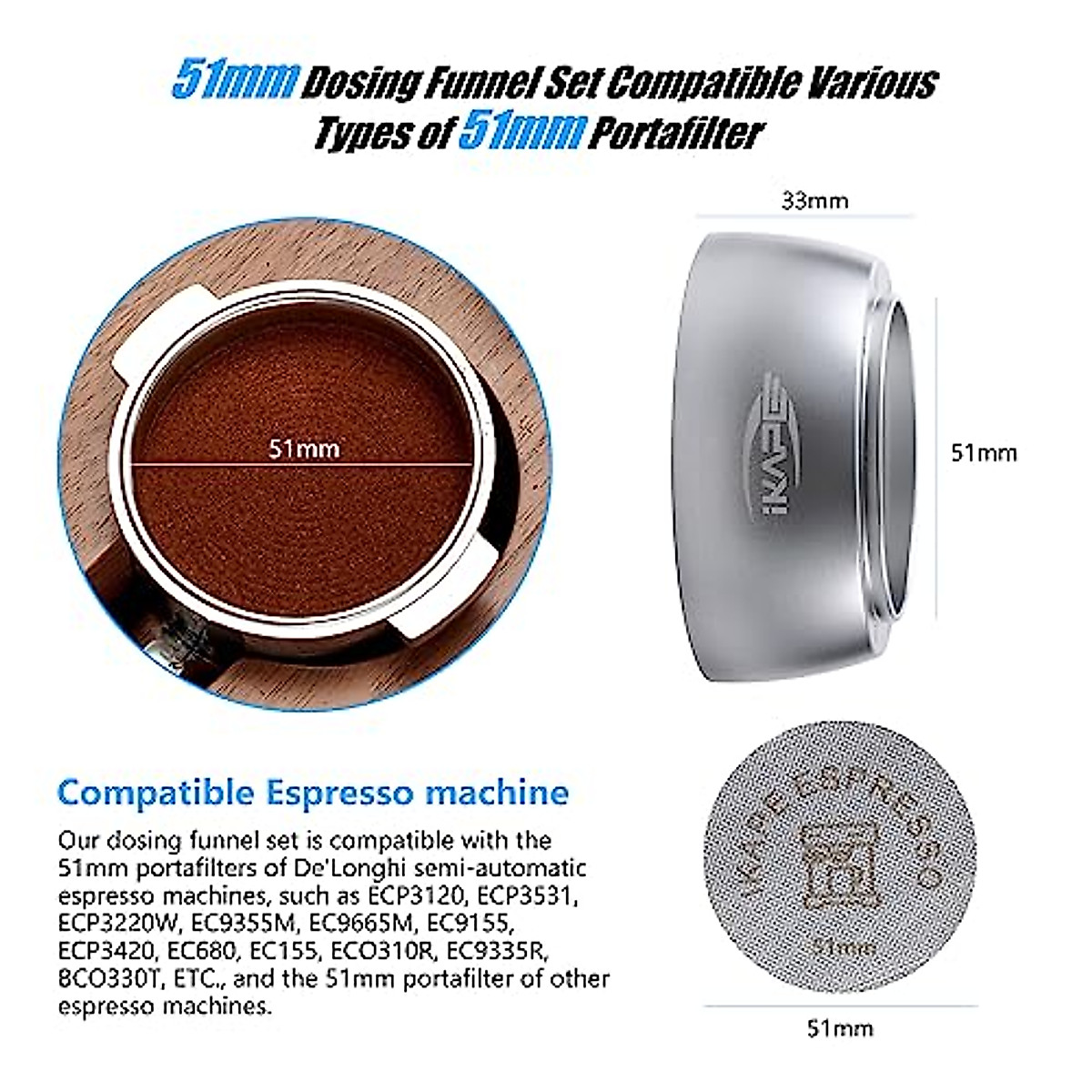 IKAPE Magnetic Dosing Funnel Set, 51MM Espresso Dosing Ring & Puck Screen Kit Compatible with Delonghi 51MM Bottomless Portafilter - with 8 Small Magnet (Silver)