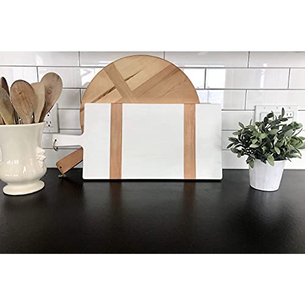 Chloe and Cotton | 22.5 Inch Acacia Wood Rectangle Board with Handle | Decorative Cutting Board | Kitchen Counter Backsplash Display | White
