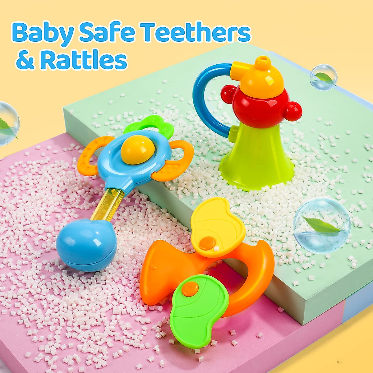 CUTE STONE Baby Rattles Toys Set, Babies Teethers Toys for Baby 3-12 Months, Early Development Learning Toy with Grasp, Spin Rattle Set and Storage Box, Newborn Infant Birthday Gifts for Girls & Boys