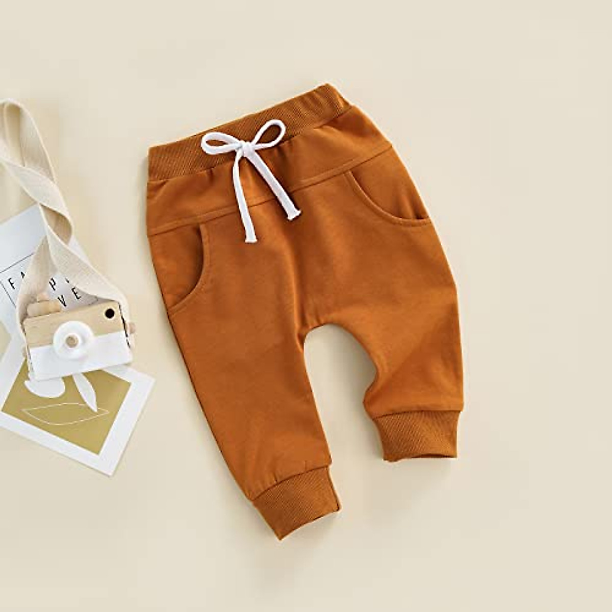 WALLARENEAR Baby Boys Girls Pants Plain Baby Joggers Elastic Waist Casual Trousers Toddler Sweatpants with Pockets (Brown, 0-6 Months)