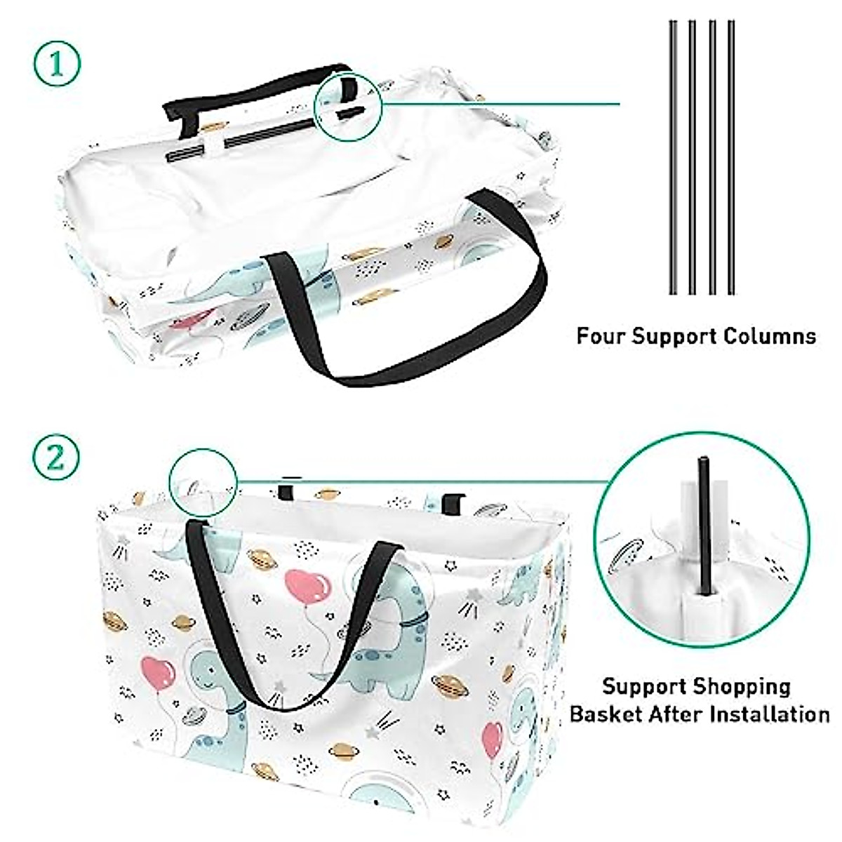 Dinosaur Full Print Large Capacity Laundry Organizer Tote Bag - Reusable and Foldable Oxford Cloth Shopping Bags