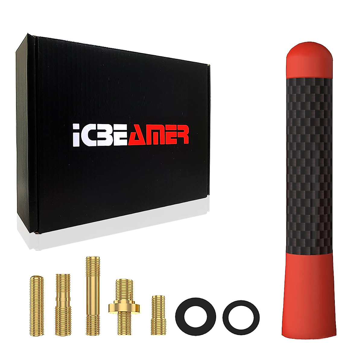 ICBEAMER 3" 76 mm Carbon Fiber Polished Finish & Red Aluminum Short Automotive Antenna with Internal Copper Coil Universal Fit AM/FM Radio Antenna Replacement Compatible for Car, Truck and Van