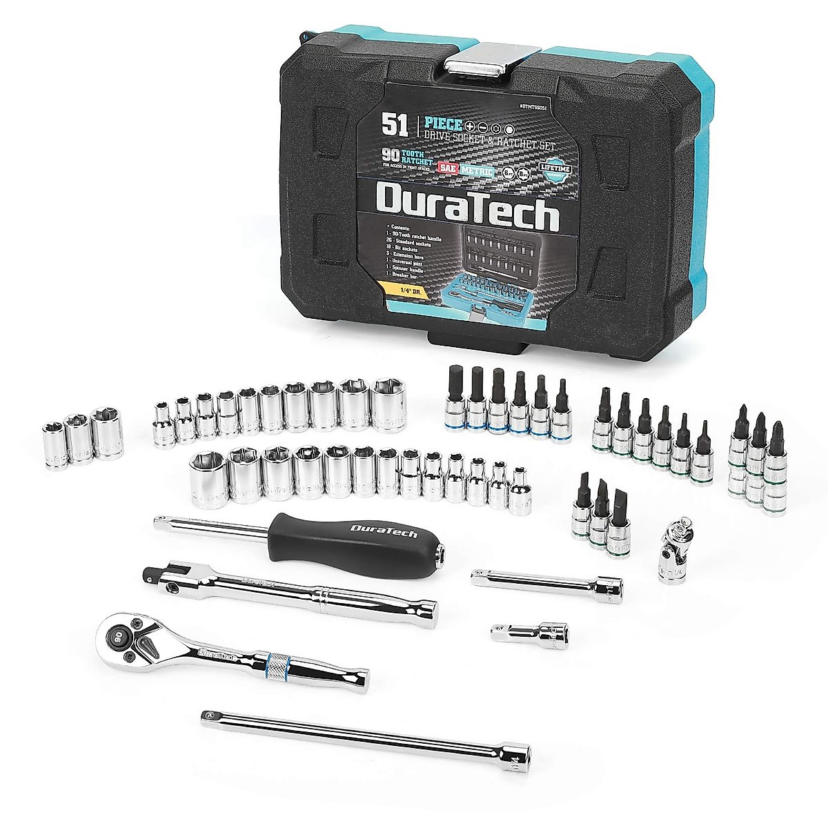 DURATECH 1/4" Socket Set, 51 Piece Tool Set Including Standard(SAE) and Metric Sockets, Bit Sockets, Ratchet and Universal Joint