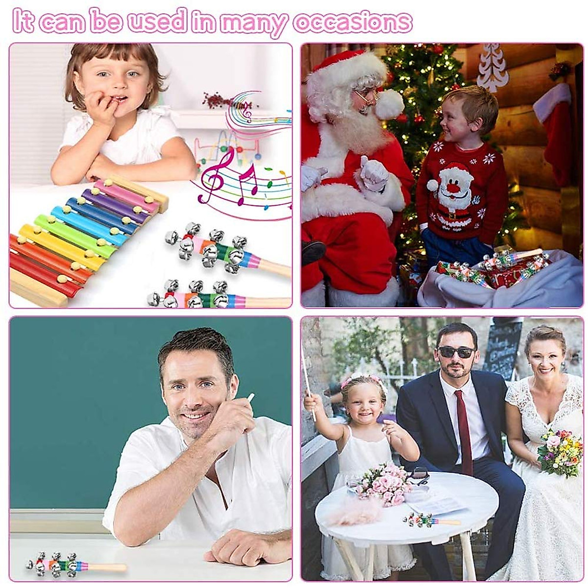 Juryfew Hand Sleigh Bells,Wooden Handle Jingle Bells Musical Instrument for Children Rainbow Music Bells,School Desk Ringbell for Holiday Wedding Babies Nickel Plated Bells Christmas Decoration (10 Pcs)