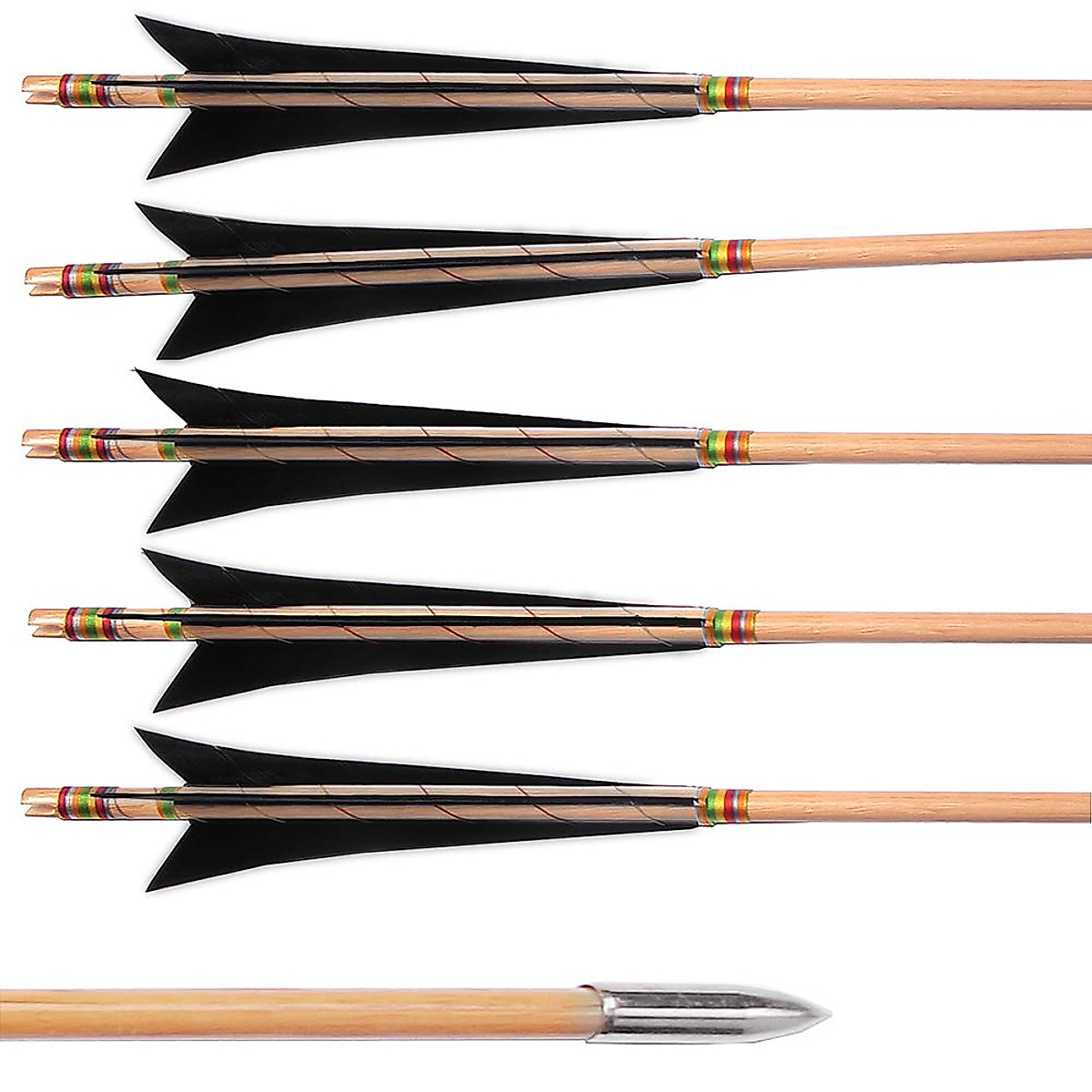 PG1ARCHERY Archery Wooden English Longbow Arrows Practice Targeting Arrow 5.8" Turkey Feathers Fletching with Bullet Points for Recurve & Traditional Bow Black, 12 Pack
