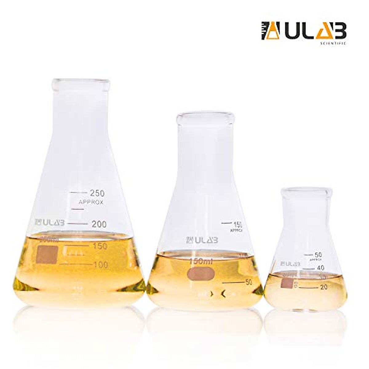ULAB Scientific Narrow-Mouth Glass Erlenmeyer Flask Set, 3 Sizes 50ml 150ml 250ml, 3.3 Boro with Printed Graduation, UEF1001