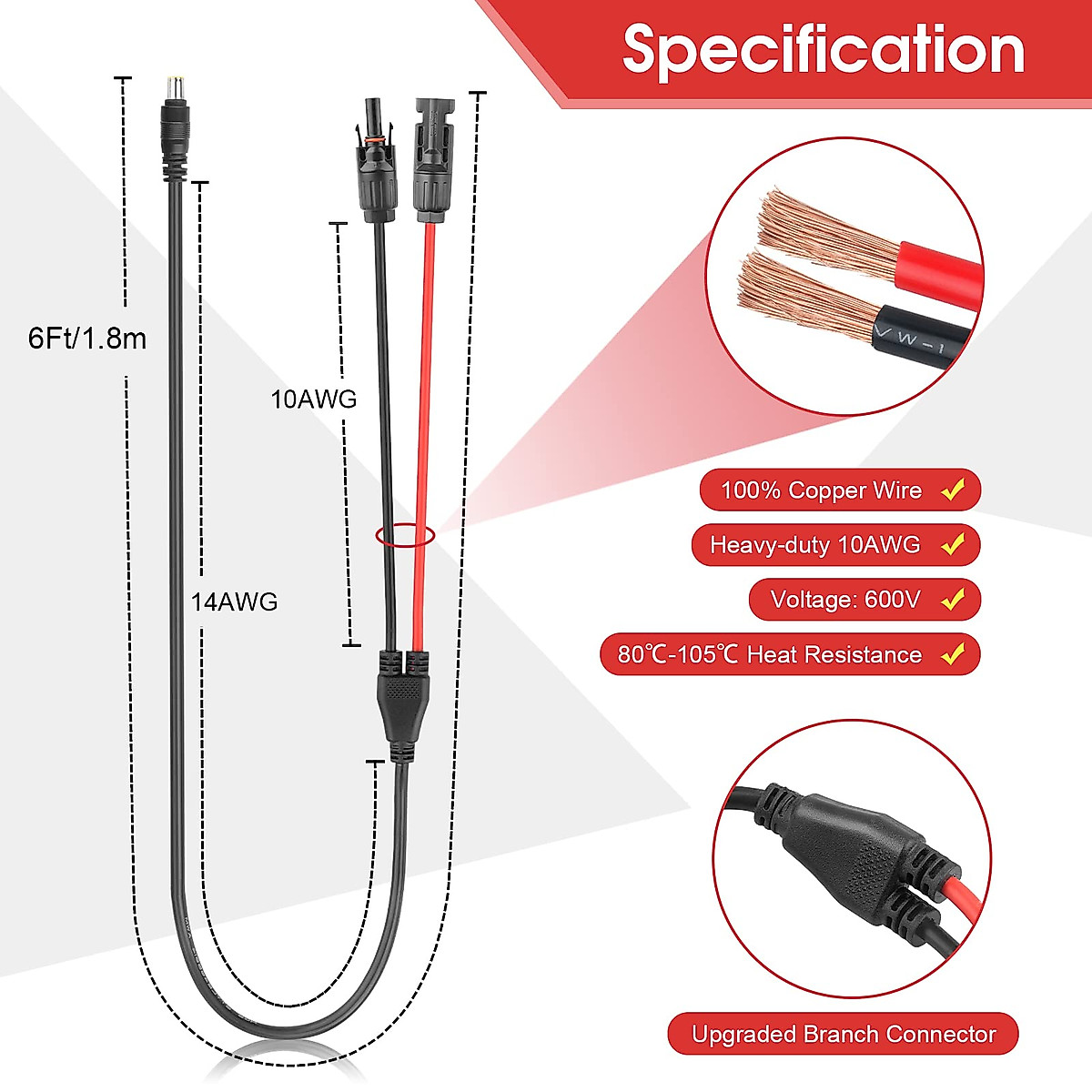 PAEKQ Solar Panel Connector to DC 8mm Adapter Cable, Solar Connectors Extension Cable 6Ft 14AWG with DC 5.5x2.5mm and DC 3.5x1.35mm Adapter for Jackery GZ Yeti and 8mm Input Port Solar Generator