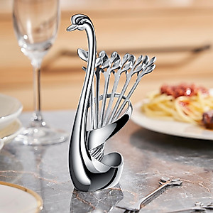 AnSaw Silver Swan Base Holder Set with 10 Pcs 4.7" Mini Leaf Teaspoons & Dessert Forks - Perfect for Appetizers,Salads,Cakes,Fruits,Cocktails,Tea,Espresso - Beautify Your Charcuterie Board Layout
