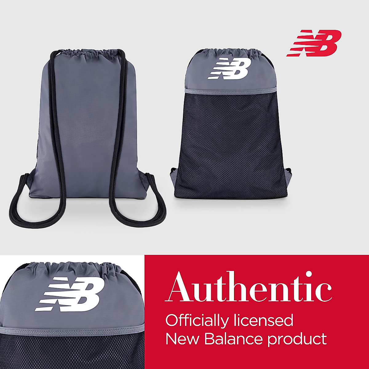 New Balance Drawstring Backpack, Sports Cinch Gym Bag with Shoe Compartment, Grey, 17.5 Inch