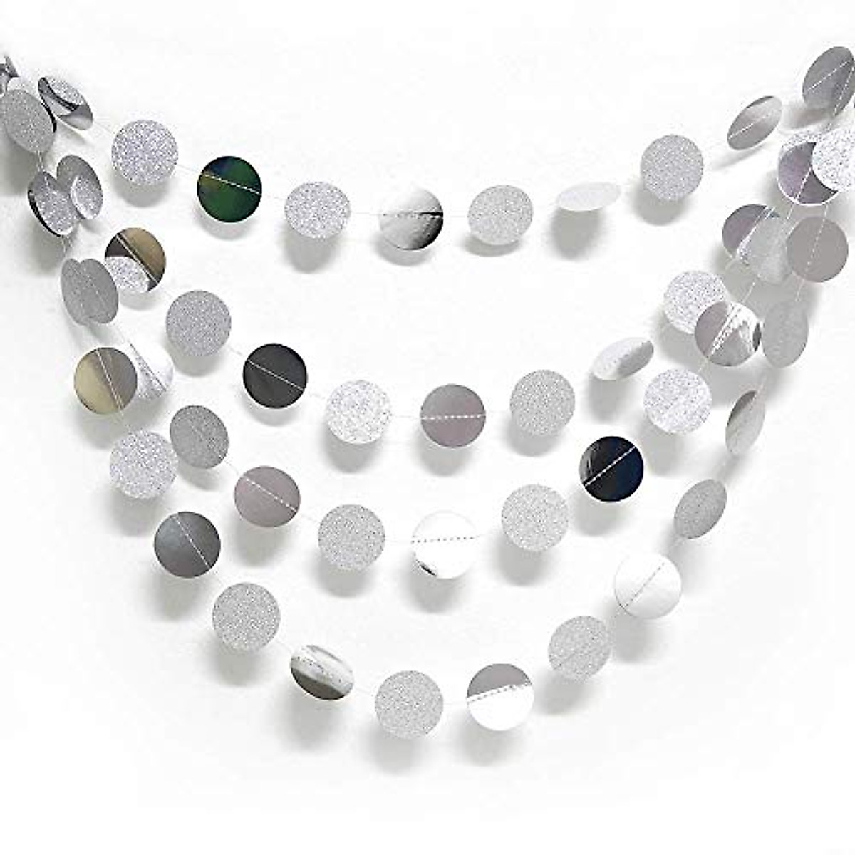Decor365 Glitter Silver Circle Dots Garland Hanging Polk Dot Streamer Party Decoration String Banner Backdrop for Birthday/Wedding/Baby Shower/Engagement/Bridal Shower/Graduation/Bday/Bachelorette