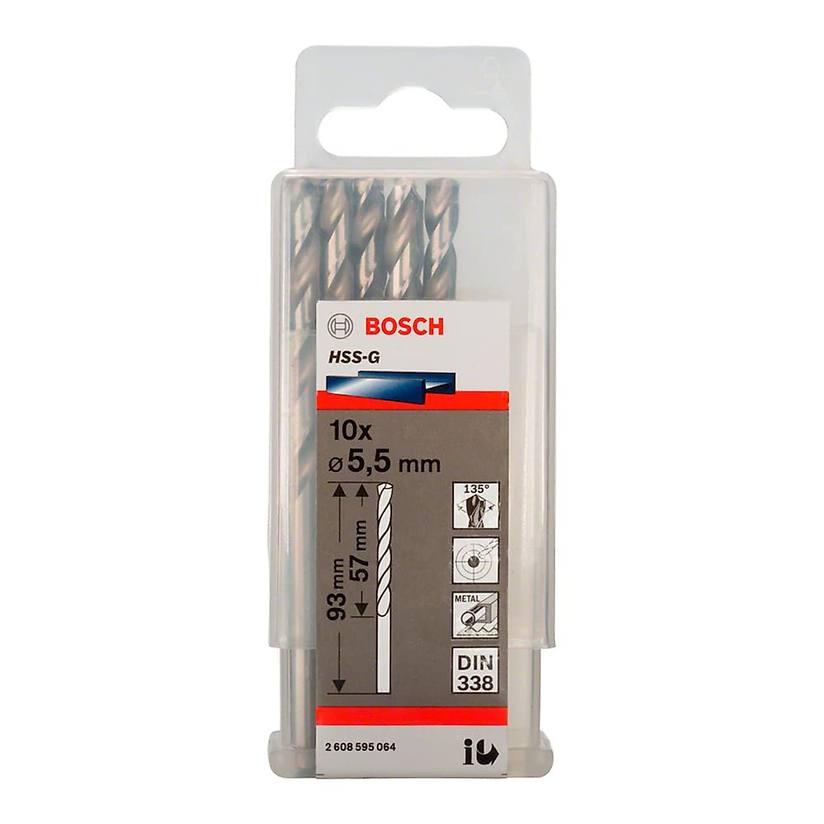 Bosch 2608595064 Metal Drill Bit Hss-G 5, 5mmx57mmx3.66In 10 Pcs