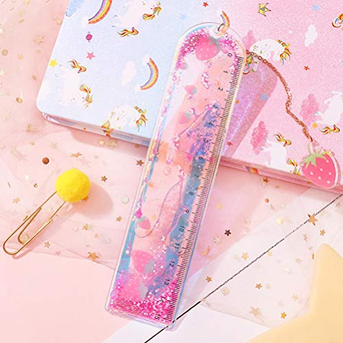 NUOBESTY 2pcs Quicksand Student Stationery Bookmark Ruler Cute Measurement Decoration Ruler Flow Sand Bookmark rulers Girl Drawing Template Cute Page Markers for Girls, Ladies, Children