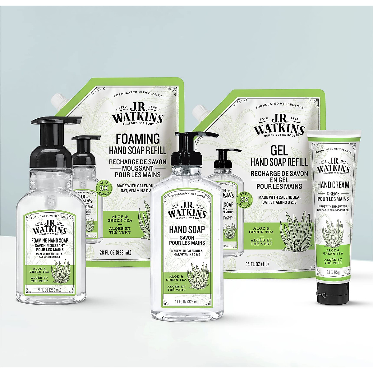 J.R. Watkins Foaming Hand Soap Refill, Moisturizing Foam Hand Wash, All Natural, Alcohol-Free, Cruelty-Free, USA Made, Aloe Green Tea, 28 fl oz, 3 Pack