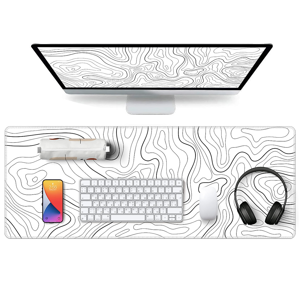 【Super Smooth Fabric】 Minimalist Desk Mat Topographic Pattern Gaming Mouse Pad Large Desk Pad with Stitched Edges Gaming Mousepad Aesthetic Deskmat XL, Keyboard Pad for Women Desk 31.5"x11.8" White