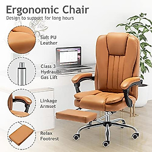 Erinnyees Executive Office Chair, PU Ergonomic Chair with Footrest and Linkage Armrests, 90°-155° Reclining Office Chair, 360° Swivel Computer Desk Chair with Back Support, Brown