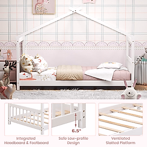 KOMFOTT Twin Wood House Bed for Kids, Low Profile Floor Bed Frame with Roof, Headboard & Footboard, Tent Bed for Toddlers, Boys & Girls, Wood Montessori Bed, No Box Spring Needed (White)