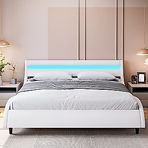 Keyluv Modern Upholstered Platform Bed Frame with LED Lights Headboard, Faux Leather Wave-Like Platform Bed Frame,Strong Wood Slats Support, Easy Assembly, Queen, White