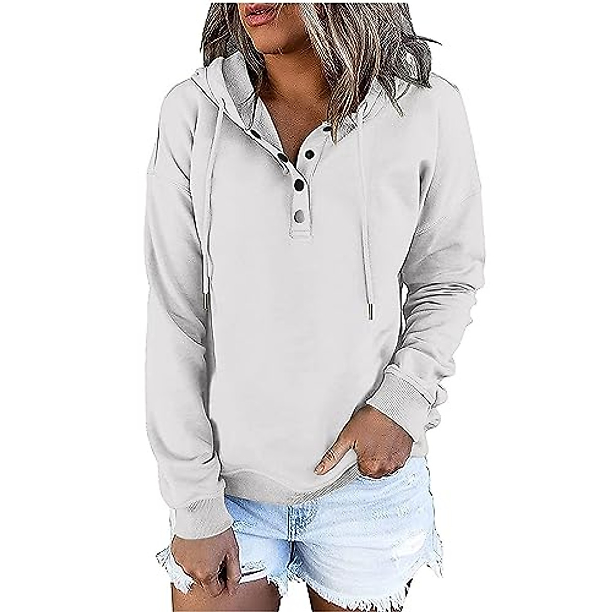 day prime october 2023 Women Hoodies Pullover Womens Casual Button Down Hoodie Sweatshirts Fall Fashion 2023 Outfits Long Sleeve Comfy Solid Pullover Hoodies White XL
