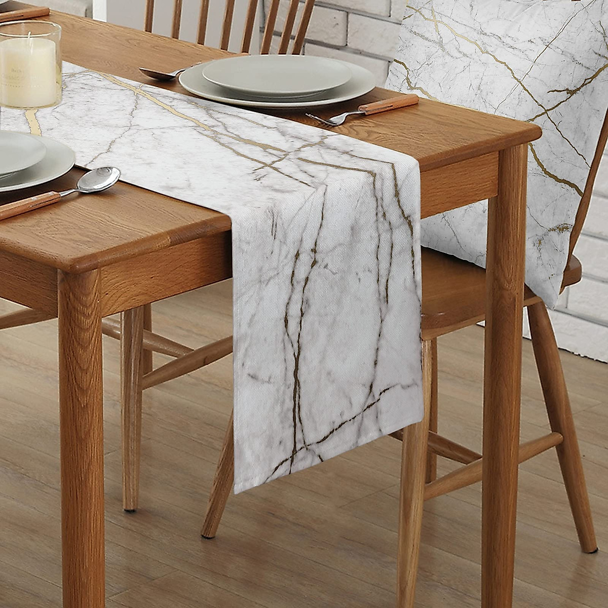 Marble Table Runner-Cotton linen-Long 120 inche White Gray Gold Dresser Scarves,Texture Tablerunner for Kitchen Coffee/Dining/Sofa/End Table Bedroom Home Living Room,Scarfs Decor for Holiday Dinner