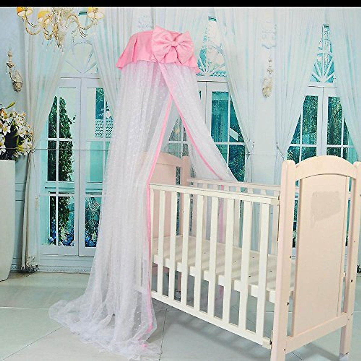 RuiHome Dome Style Hanging Baby Mosquito Net Princess Girls Bed Canopy with Pink Bowknot Decor, Netting with Bracket
