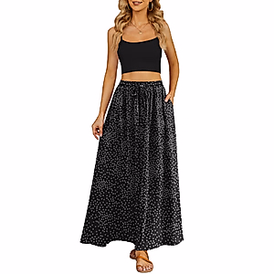 Yincro Women's Flowy Maxi Skirt Summer Pleated High Waisted Casual Long Skirts with Pockets (White Polka Dot Black, L)