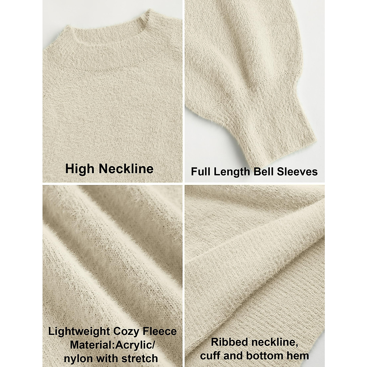 ZESICA Women's 2024 Casual Turtleneck Long Puff Sleeve Soft Fuzzy Knit Bodycon Pullover Mini Sweater Dress,Apricot,Large