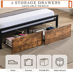 Anwick Queen Bed Frame with Storage Headboard and 2 Drawers, LED Lights Bed with Charging Station, Metal Platform, Non-Slip Without Noise, Metal Slats Support, No Box Spring Needed (Brown, Queen)