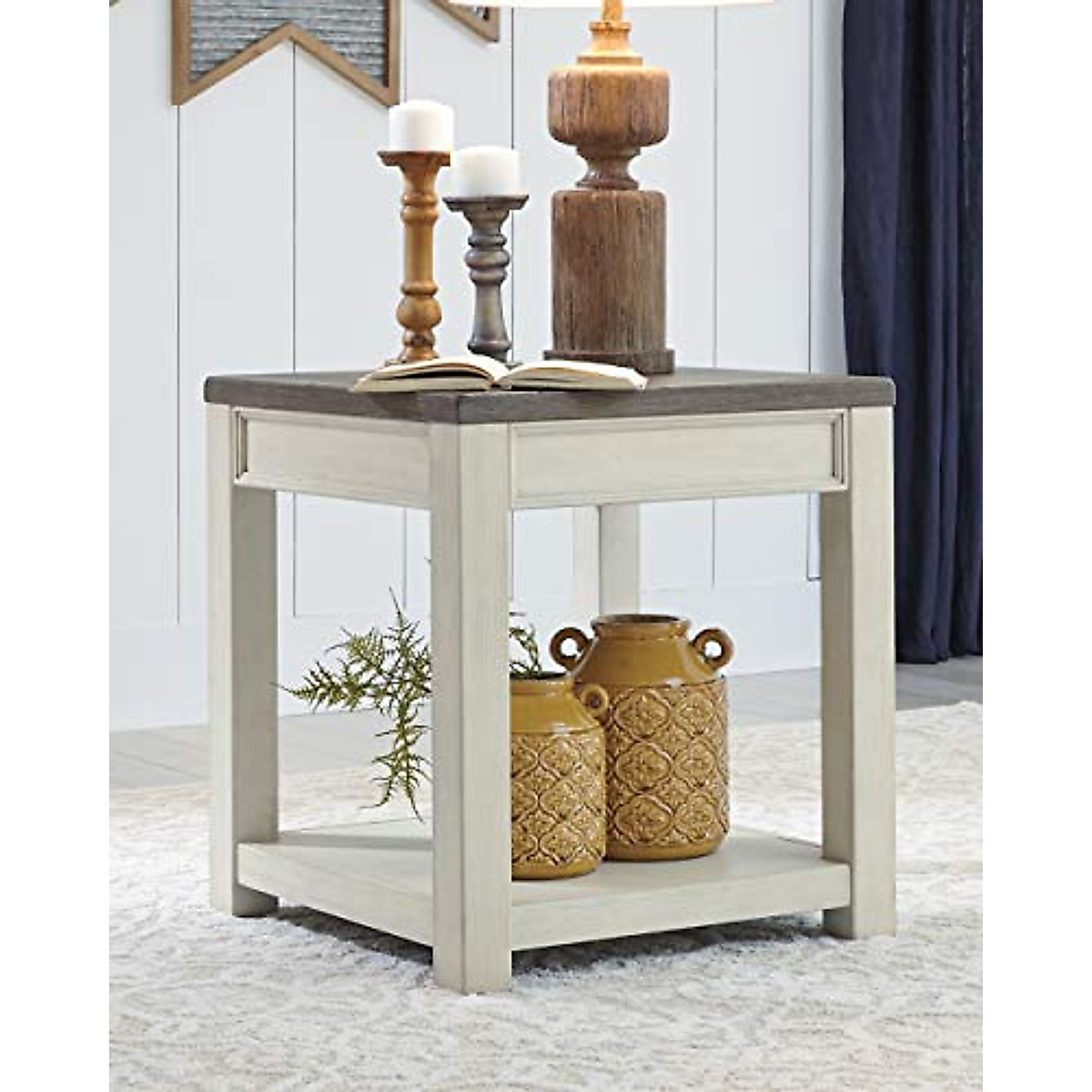 Signature Design by Ashley Bolanburg Farmhouse Square End Table with Floor Shelf, Weathered Brown & White