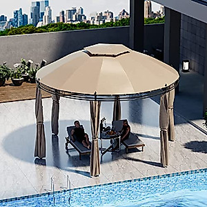 Tangkula 11.5x11.5 ft Round Patio Gazebo, 2-Tier Dome Gazebo with Removable Side Curtains, Heavy Duty Steel Frame, Outdoor Gazebo Pavilion for Backyard, Deck, Poolside, Garden (Brown)