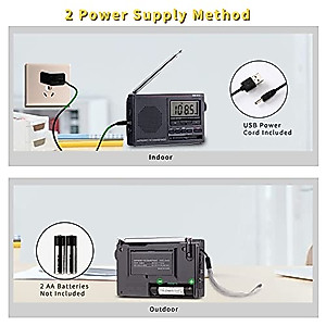 Portable AM FM SW 12 Bands Shortwave Radio, Small Walkman Digital Radio, Time Setting with Auto Power On/Off, High/Low Tone Mode, Build-in Speaker and Earphone Jack, Powered by DC or 2AA Battery