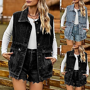 Gerichy Denim Shirts for Women Trendy, Dresses for Women 2023, Shirts for Women Trendy, Women's Oversized Denim Jacket Sleeveless Denim Shirt with Pockets Casual Jacket