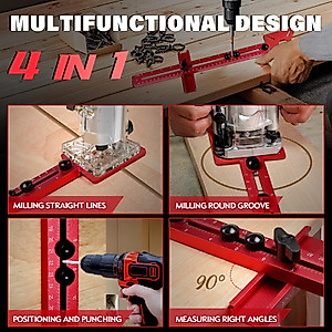 Sigerio 4 in 1 Router Milling Groove Bracket, Aluminum Alloy Router Circle Cutting Jig, Multifunctional Cabinet Hardware Jig and Router Guide, Adjustable Router Jig Tool for Woodworking (Rose Red)