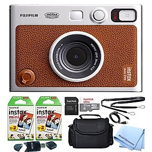 Fujifilm Instax Mini EVO Brown Hybrid Instant Film Camera Bundle with 40 Instant Film Sheets + 32GB microSD Memory Card + Small Padded Case + SD Card Reader + Model Electronics Cloth