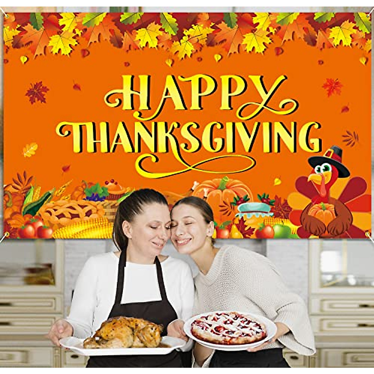 PTFNY Happy Thanksgiving Backdrop Banner 73 x 43 Inch Large Thanksgiving Day Background Banner Maple Leaves Pumpkin Turkey Party Banner Thanksgiving Decorations Photo Booth Props