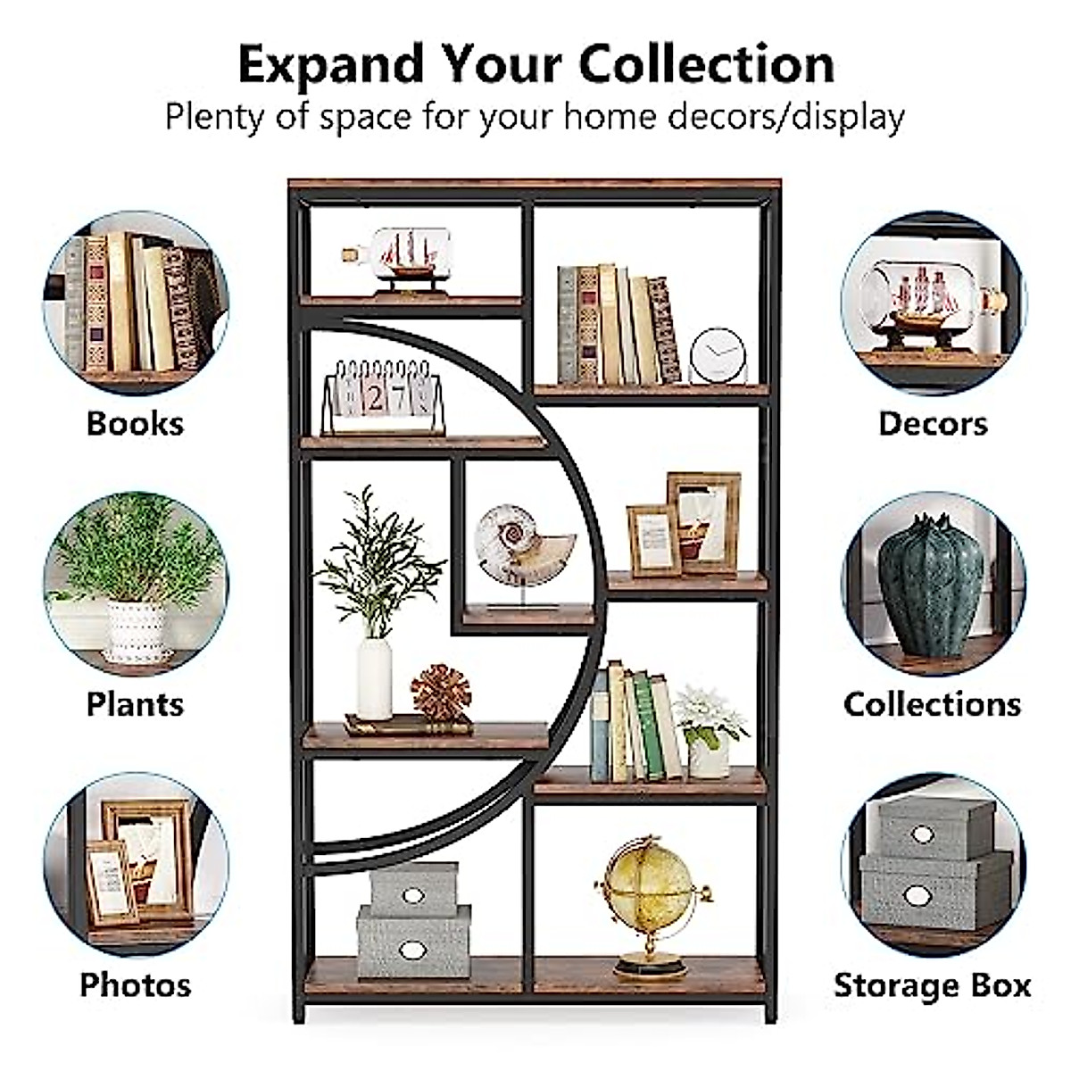 Tribesigns Bookshelf Industrial 5 Tier Etagere Bookcase, Freestanding Tall Bookshelves Display Shelf Storage Organizer with 9-Open Storage Shelf for Living Room, Bedroom