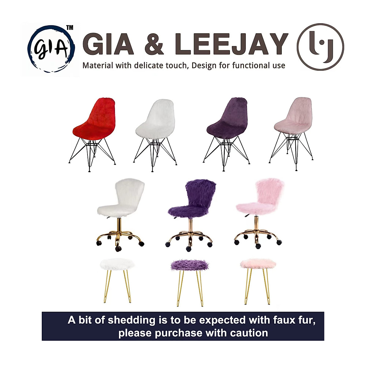 LEEJAY Cute Fuzzy Desk Chairs for Granddaughter Teen Girls, White and Gold Vanity Chair, Fluffy Task Chair for Makeup Room, Furry Chair with Golden Legs, Granddaughter Gifts from Grandma