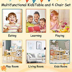FAMIKITO Kids Table with 4 Chairs Set, 5 Pieces Cartoon Animals Toddler Table and Chairs Set, Wooden Children Furniture Set for Playroom Kindergarten, Gift for Ages 2+