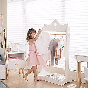 JOLIE VALLÉE TOYS & HOME 2-in-1 Kids Wood Armoire Wardrobe Crown Clothes Rack, White Baby Clothes Storage Rack Standing Closet, Boutique Clothes Rack Organizer for Toddler Girls 2-5 Years