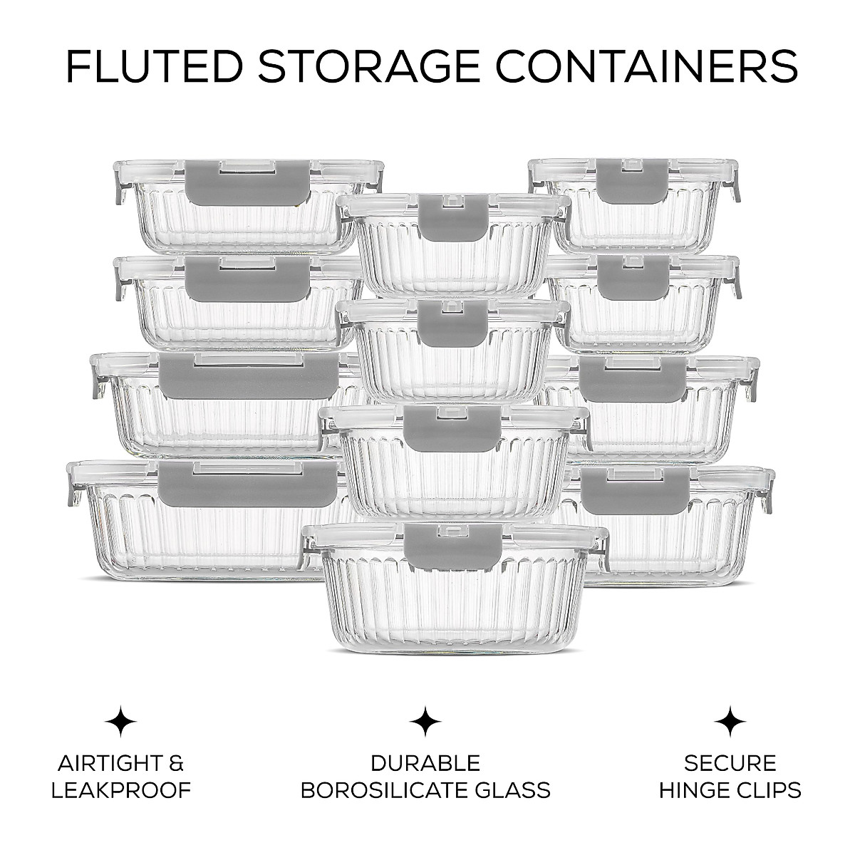 JoyJolt 24pc Fluted Glass Storage Containers with Lids. 12 Airtight, Freezer Safe Food Storage Containers, Pantry Kitchen Storage Containers, Glass Meal Prep Containers for Lunch
