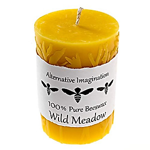 Alternative Imagination 100% Pure Beeswax Pillar Candle (3x4 Inch), 40 Hour, Wild Meadow Design, Hand-Poured, Made in USA