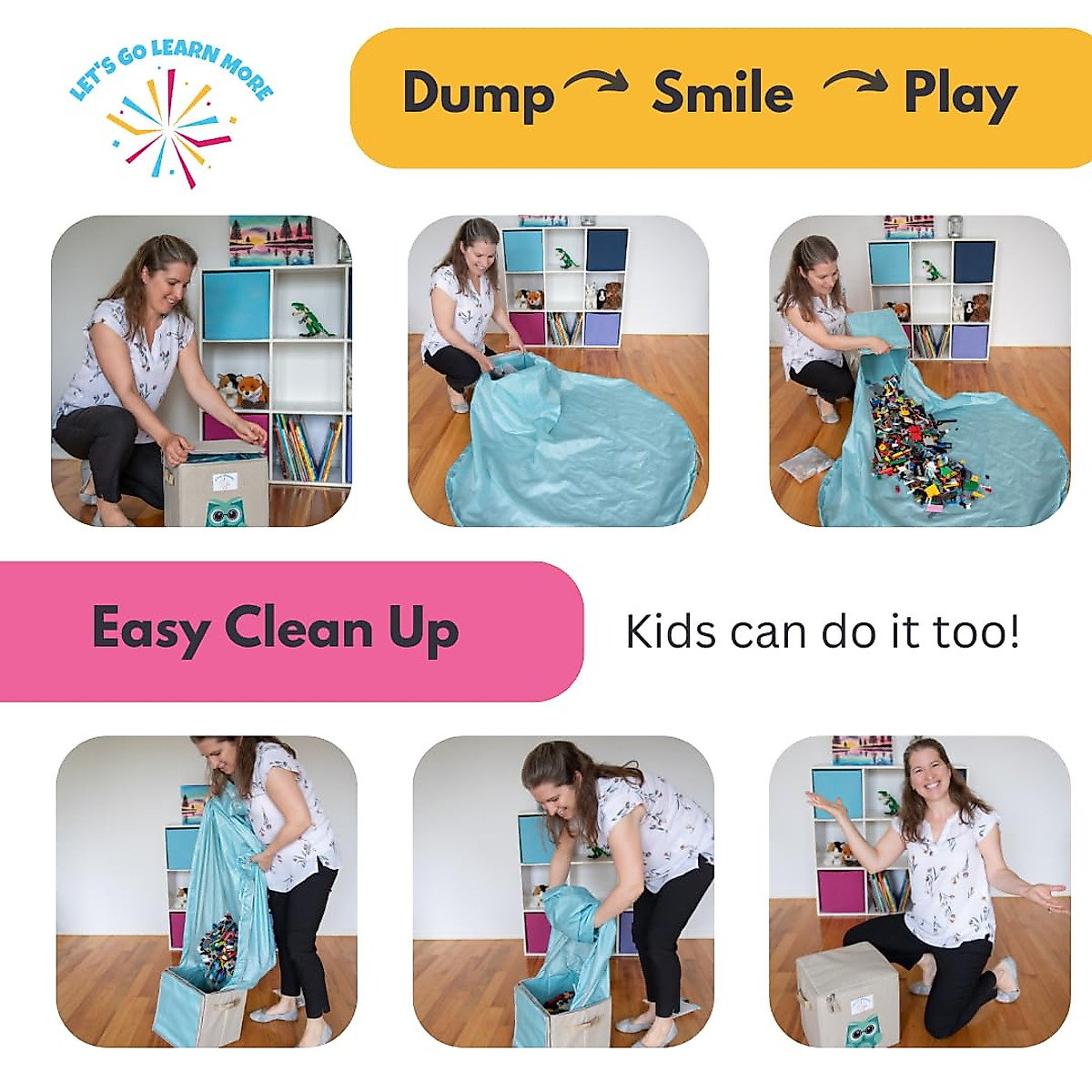 Let's Go Learn More Toy Storage Box with Play Mat for Kids | Toy organizer and storage bin with foldable play mat for building bricks, magnets, blocks, little cars, dolls