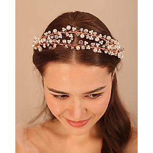 Kercisbeauty Wedding Bridal Pearl and Crystal Rose Gold Hair Tiaras Boho Cute Beaded Princess Crown Banquet Party Special Occasion Handmade Jewelry for Women Girls (Rose Gold)