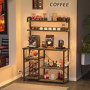 Topfurny Baker's Rack with Power Outlet, Coffee Station, Microwave Oven Stand, Kitchen Shelf, Microwave Cart, 7-Tier Microwave Stand or Coffee Bar Table Organizer, for Spice, Pots and Pans Organizer