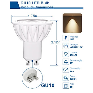 GOHDLAMP GU10 LED Bulbs Dimmable, 5W 50 Watt Equivalent LED Bulb, 2700K Warm White 450 Lumen GU10 Bulb Standard Base, LED Bulb Replacement for Track Light Bulbs, 38° Beam Pack of 6