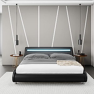 Keyluv Upholstered Full LED Bed Frame with Headboard, Modern Low Profile Platform Bed with Strong Slats Support, Faux Leather Wave-Like Bed Frame, Easy Assembly, No Box Spring Needed, Black
