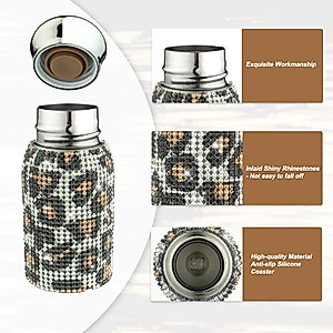 Tmore Mini Rhinestone Thermoses Bottle for Women Girls Glitter Stainless Steel Thermal Cute Water Bottles 200ml/6.76oz Bling Diamond Coffee Bottle Sparkling Insulated Vacuum Thermoses (#1 Leopard)