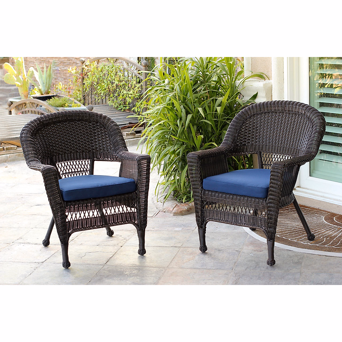 Jeco Wicker Chair with Blue Cushion, Set of 2, Espresso/