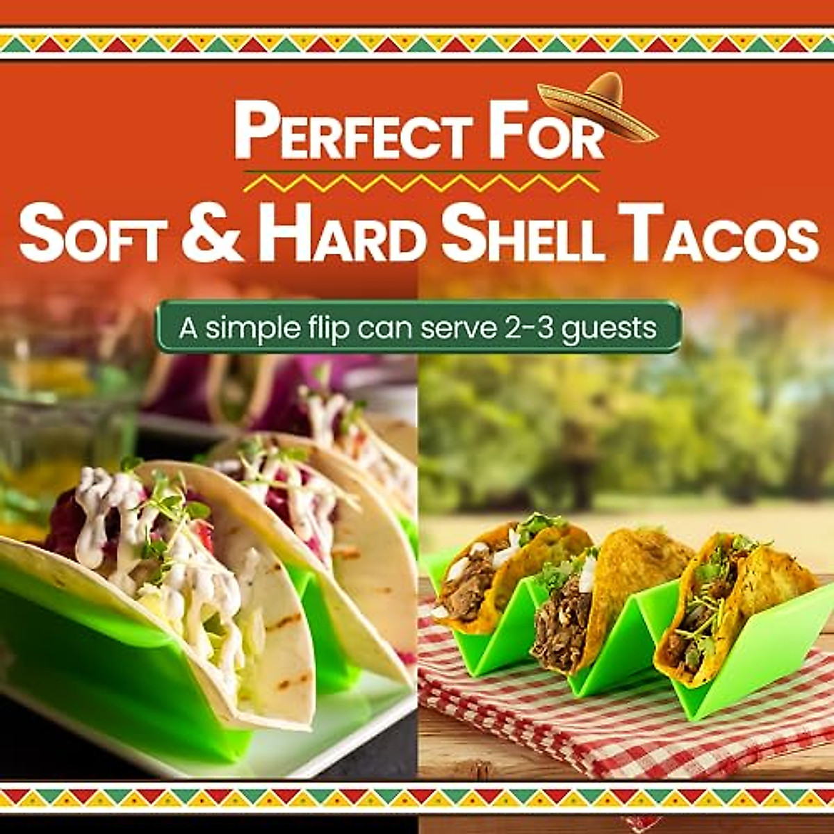 Taco Holders set of 6, Colorful Premium Taco Tray and Rack for Soft or Hard Taco Shells - Dishwasher and Microwave Safe, BPA Free and Sturdy, Multi-Colored
